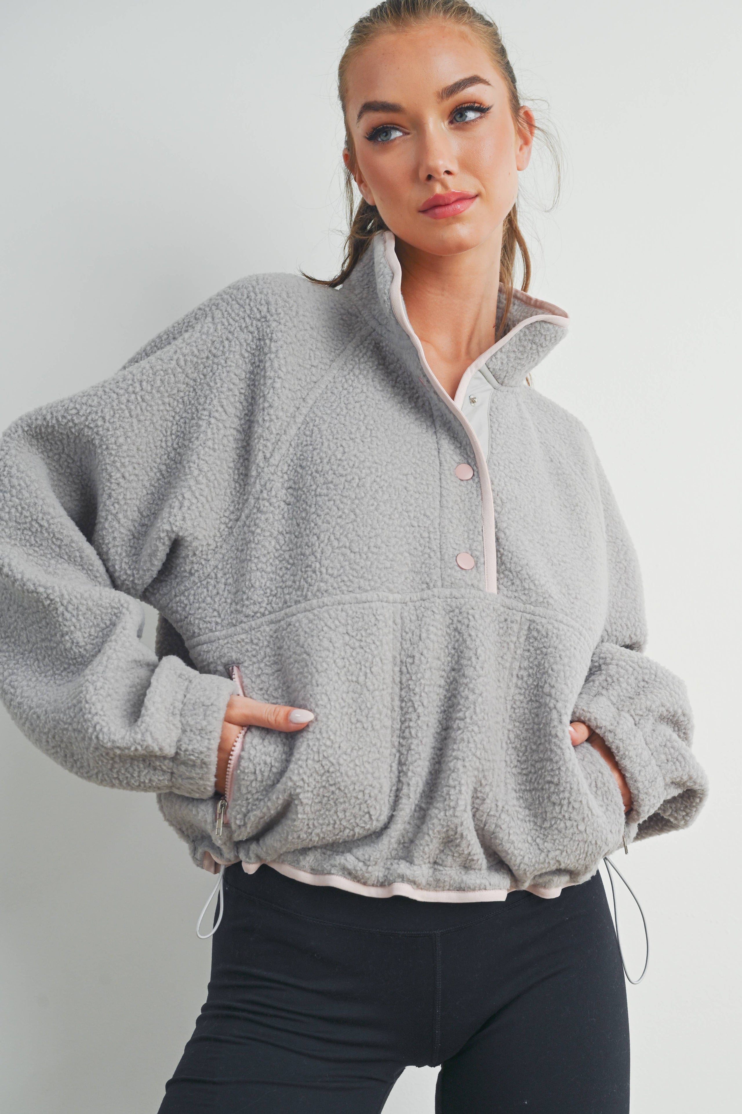 FLEECE BUTTON FRONT SIDE POCKET LONG SLEEVE TOP | The Lounge House