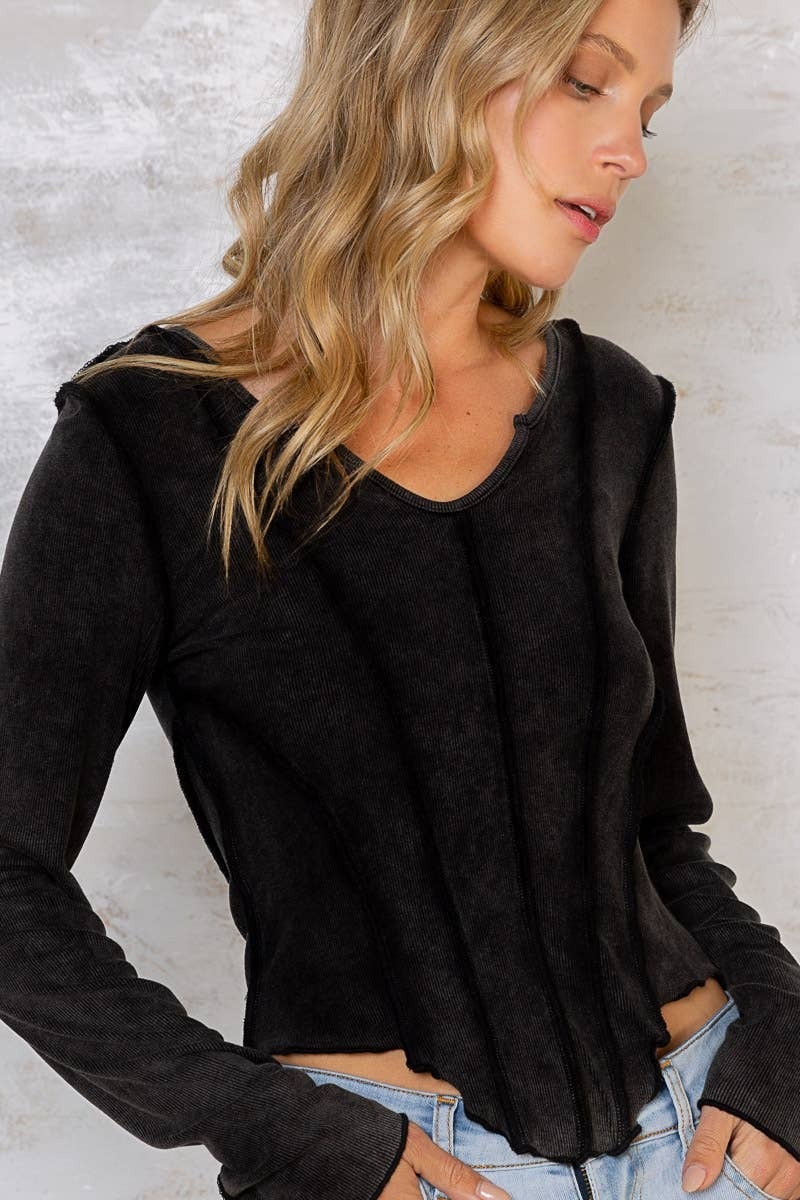 Notched neck overlock detail long sleeve top | The Lounge House